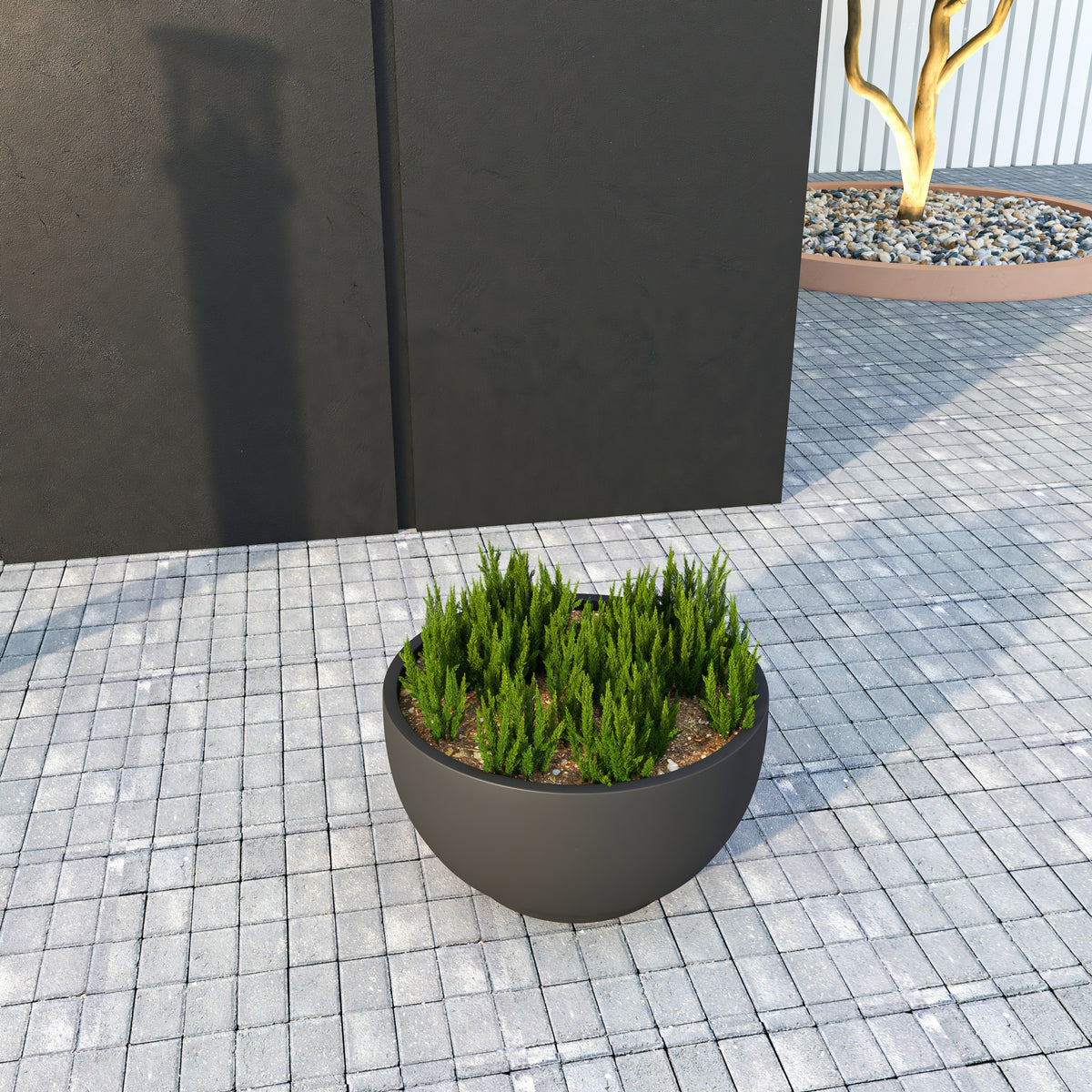 Grove Series Hemisphere Poly Clay Planter in Black 10.6 Dia, 5.9 High