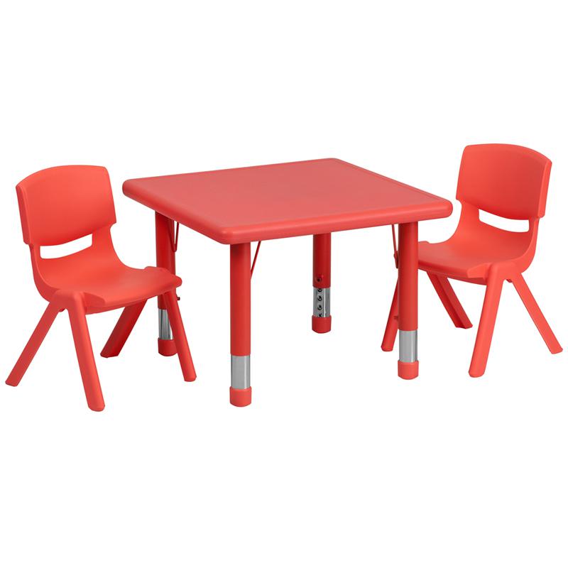 24'' Square Red Plastic Height Adjustable Activity Table Set with 2 Ch