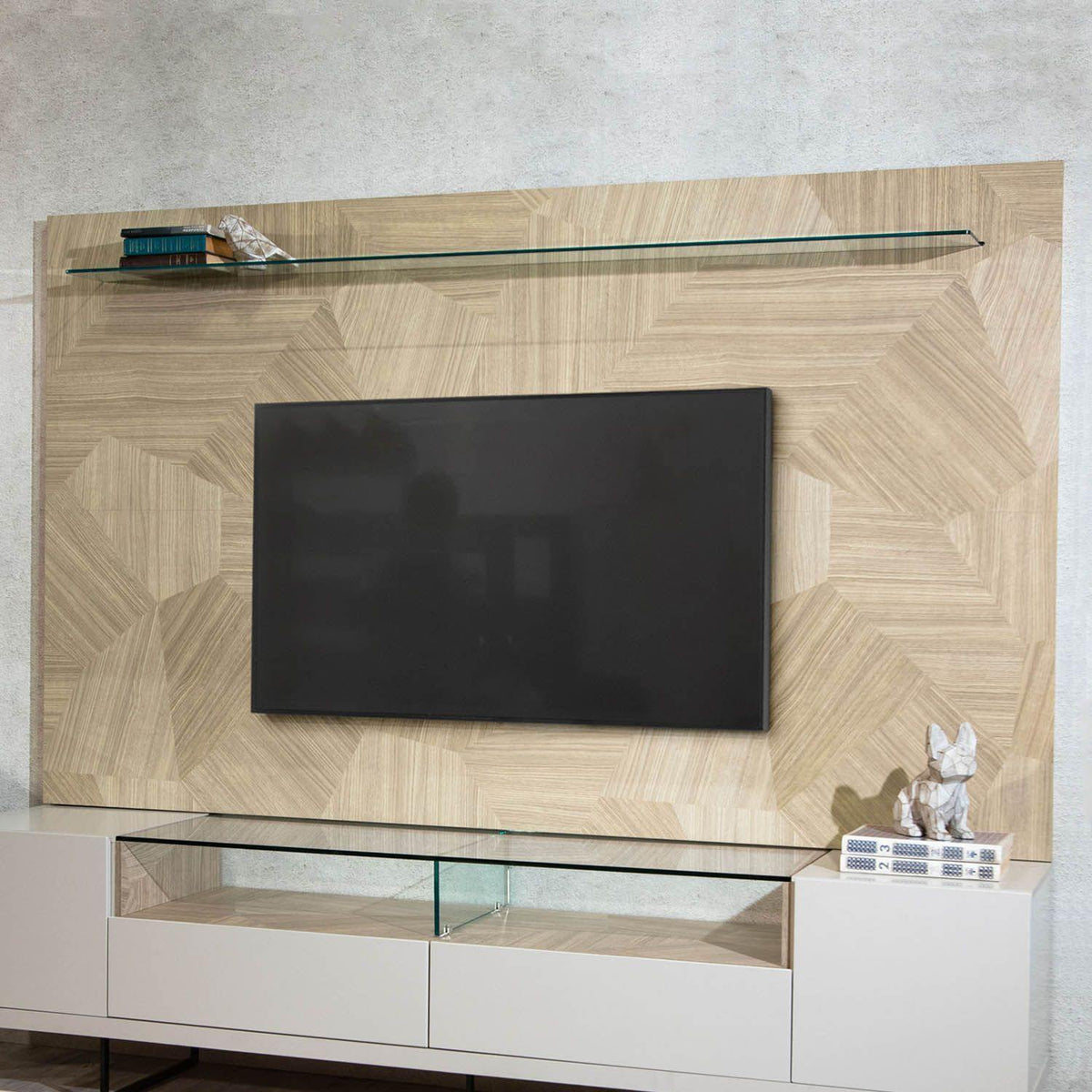 Skyline Decor-Celine 85.43 TV Panel with Glass Overhead Shelf in Nude ...
